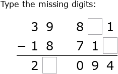 IXL - Subtraction: fill in the missing digits (Grade 4 maths practice)