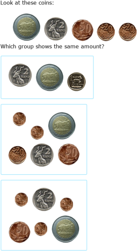 IXL - Equivalent amounts of money - up to R10 (Grade 2 maths practice)